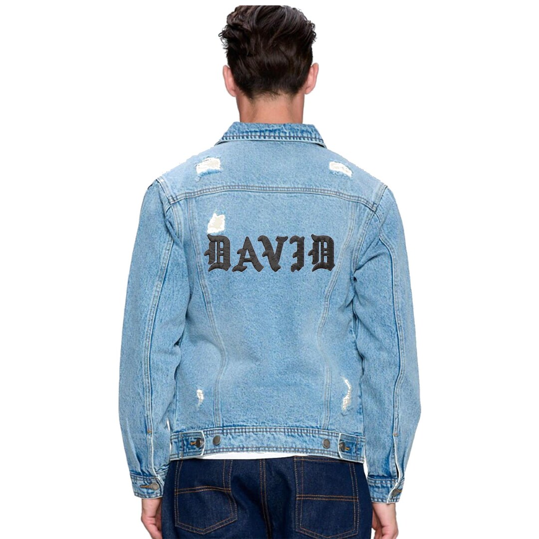 MENS Custom Text Denim Jacket Light or Dark Vintage Inspired Distressed ...