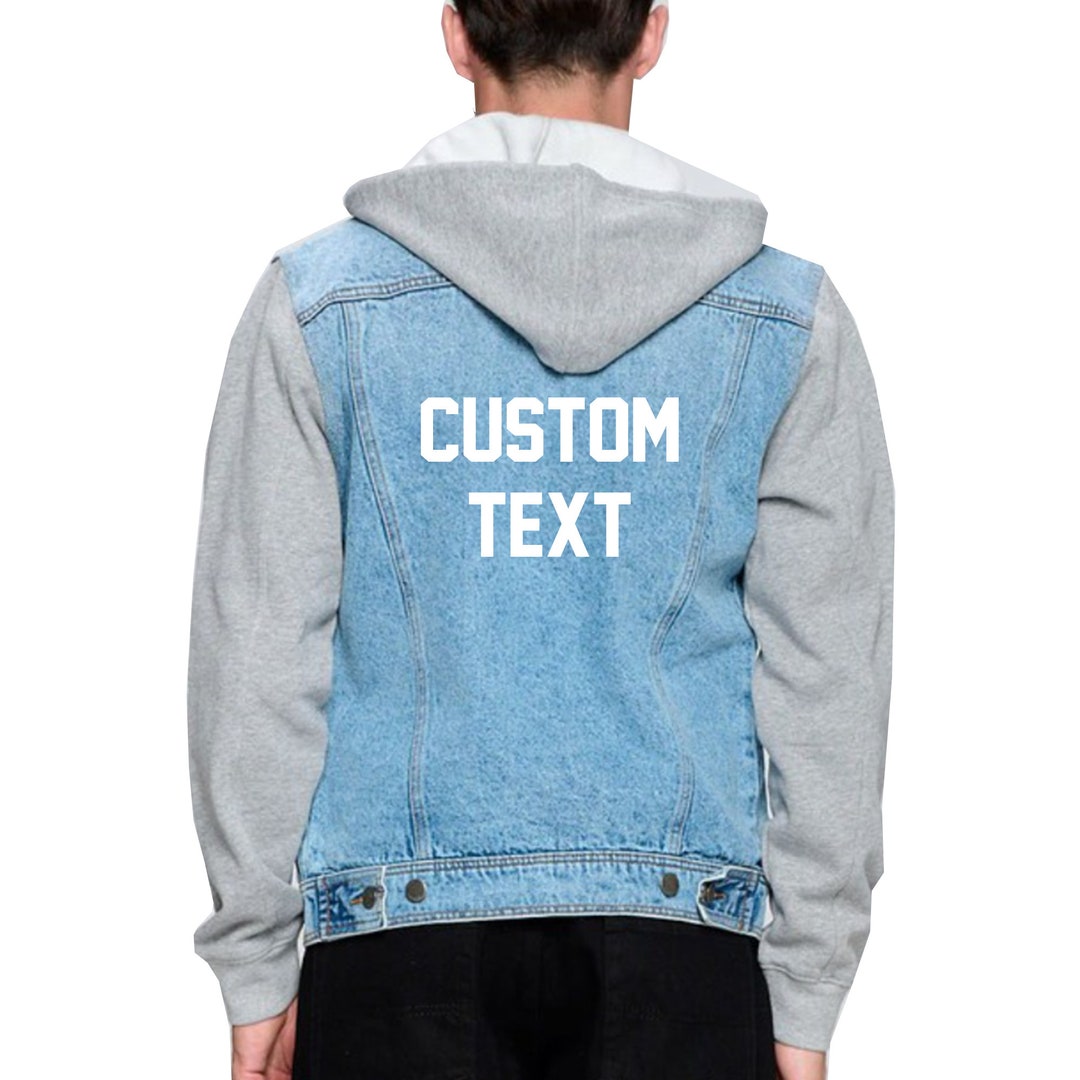 Custom Text Mens Denim Jacket W Hoodie, Grey Hoodie Denim Jacket, Game ...