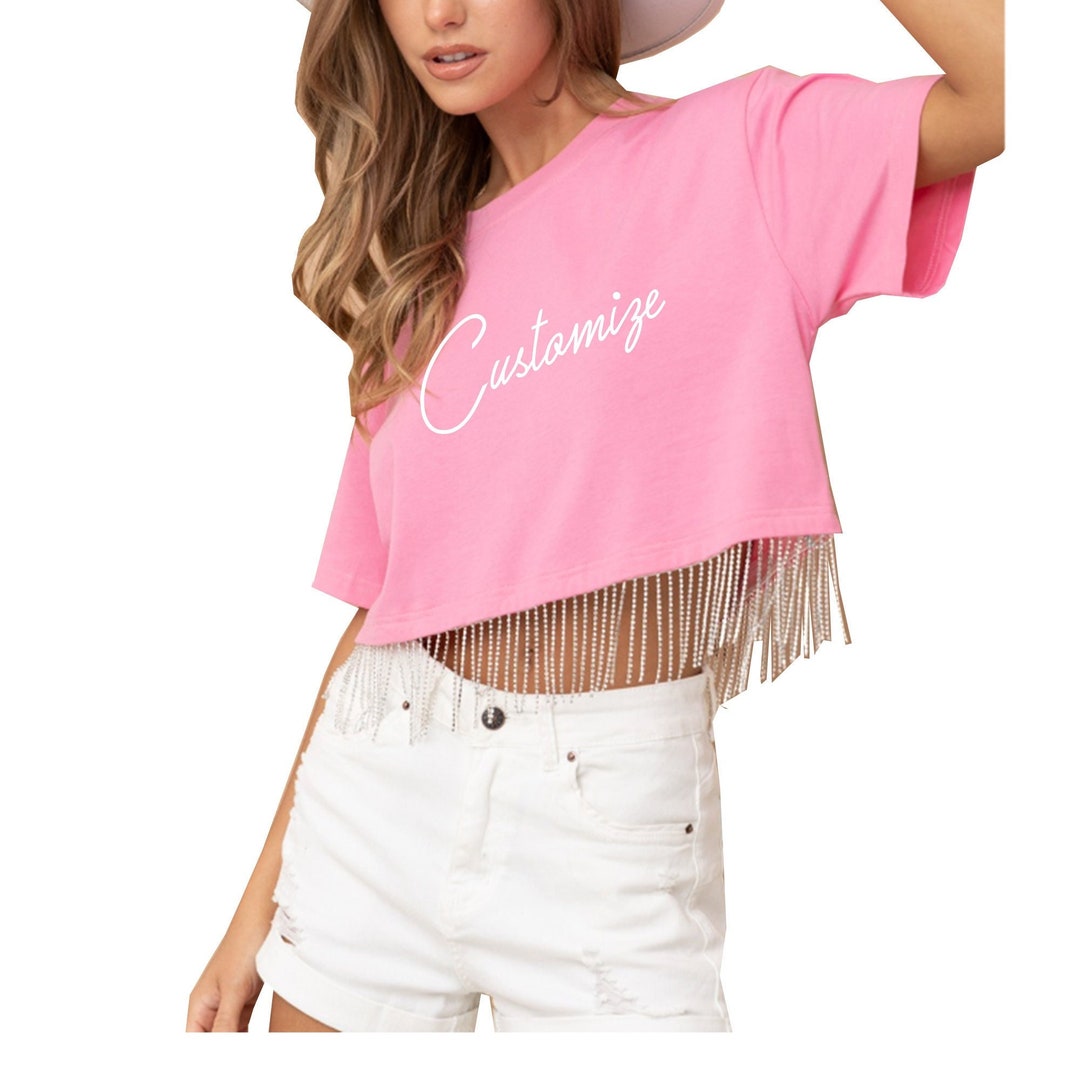 Personalized Pink Rhinestone Tassel Crop Oversized Shirt, Bridal ...