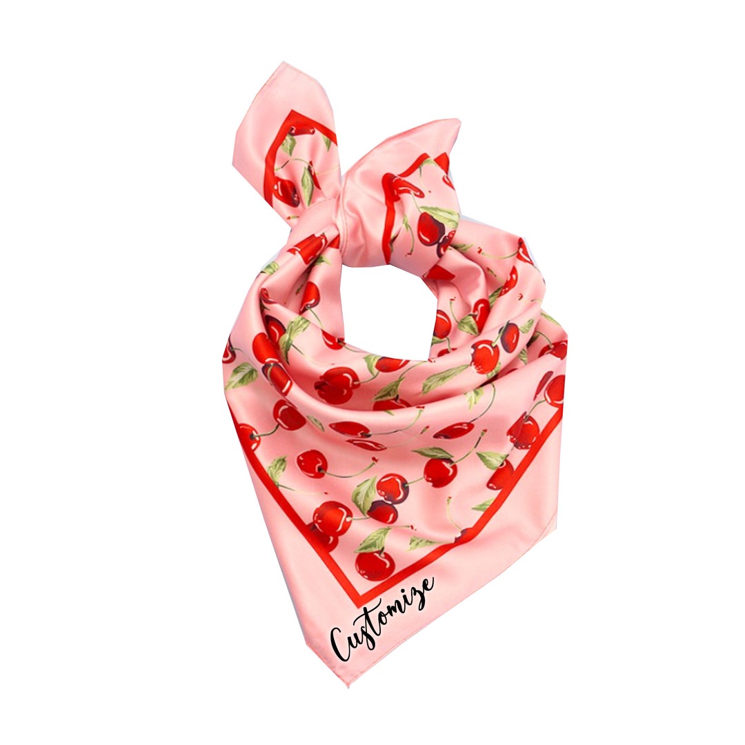 Custom Text Cherry Print Satin Square Scarf, Personalized Cherries ...