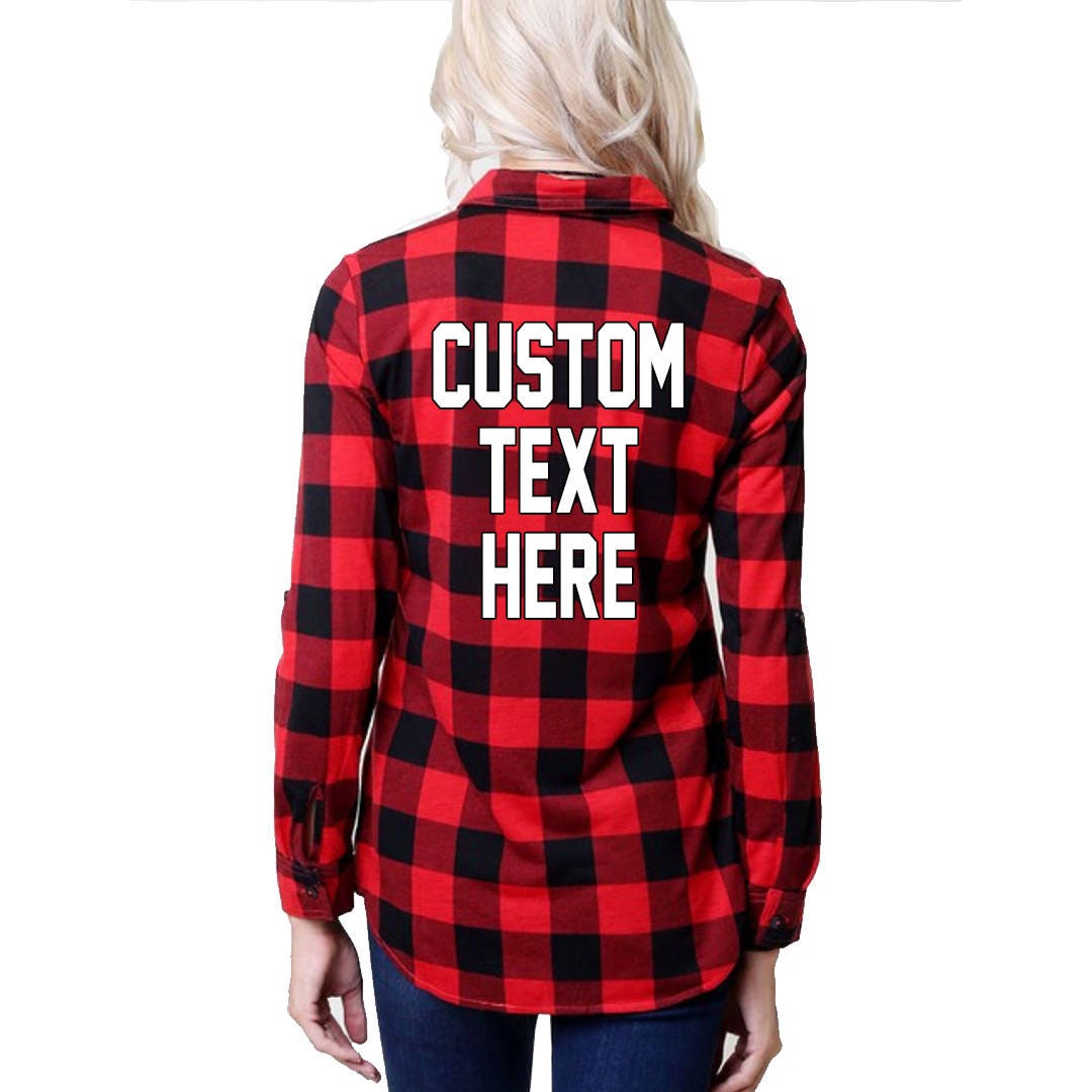 CUSTOM TEXT Black and Red Plaid Long Sleeve Button up Shirt- Customize ...