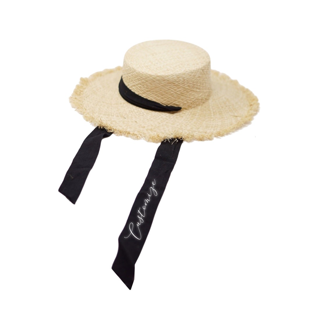 Personalized Straw Raffia Boaters Sun Hat W Black Ribbon, Custom Text ...