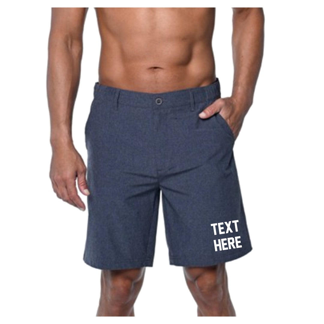 Personalized Mens Hybrid Navy Swim Shorts, Custom Text Mens Swimming ...
