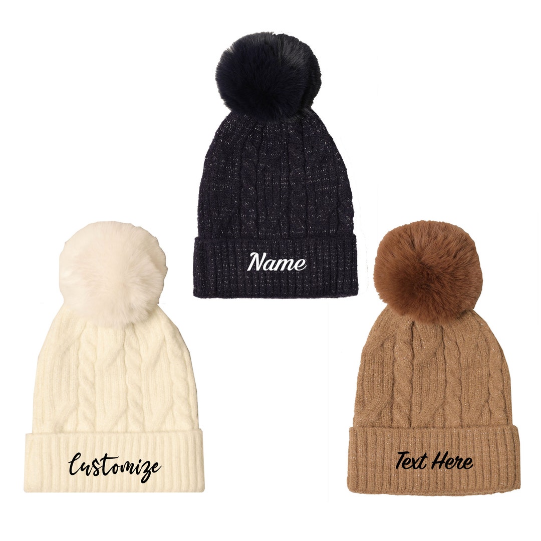 Custom Embroidered Cable Knit Beanie, White Tan or Navy Knitted Beanie ...