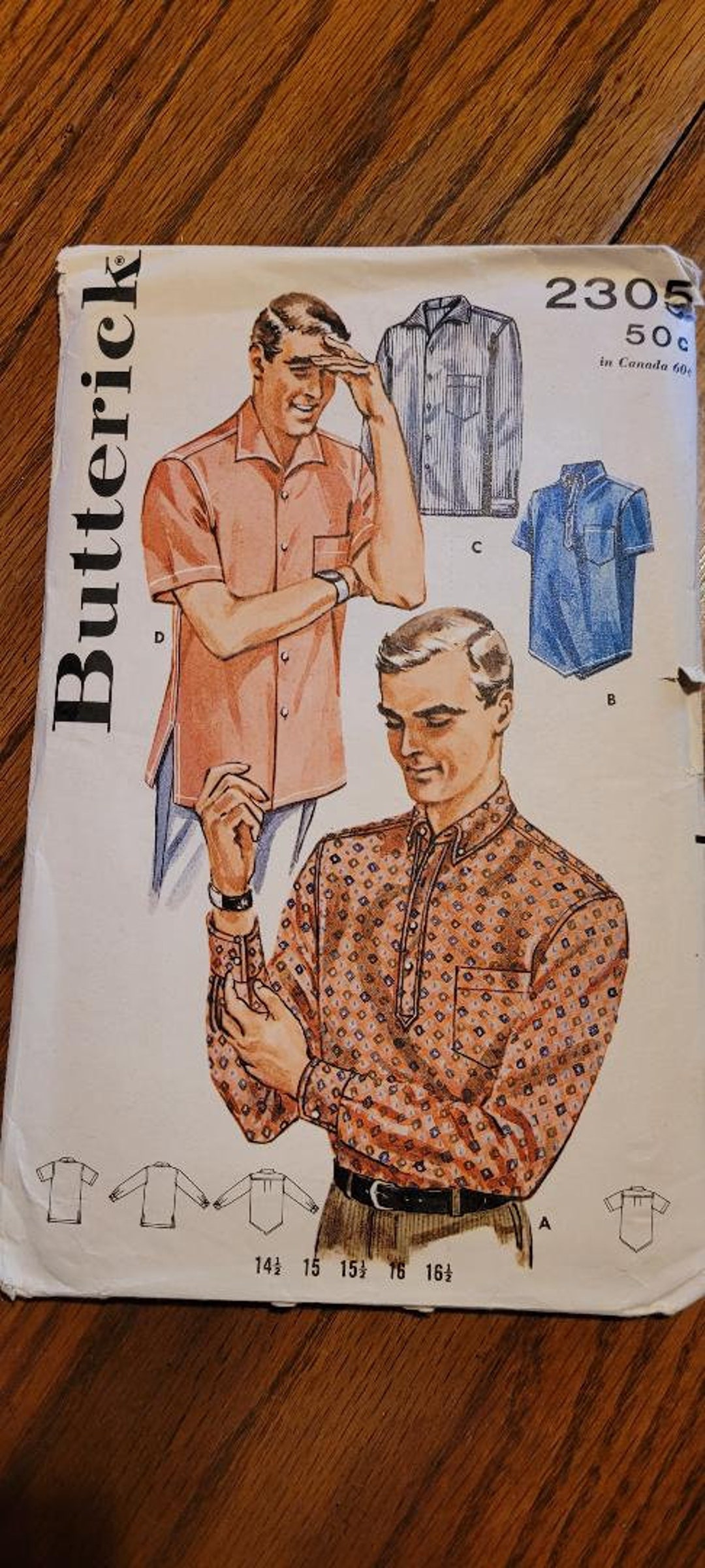 Vintage 60's UNCUT Butterick Mens Button Down Shirt, Chest 36-44 ...