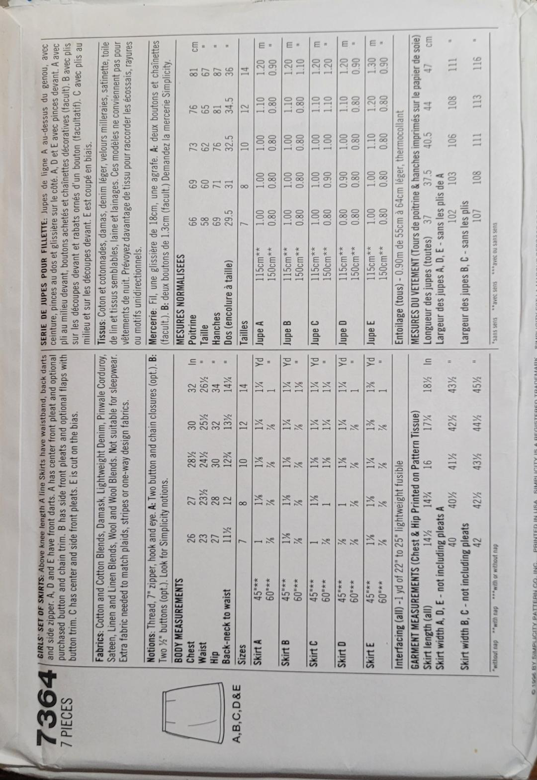 Simplicity UNCUT 6 Made Easy Girls Sizes 7, 8, 10 Skirts Pattern 7364 ...