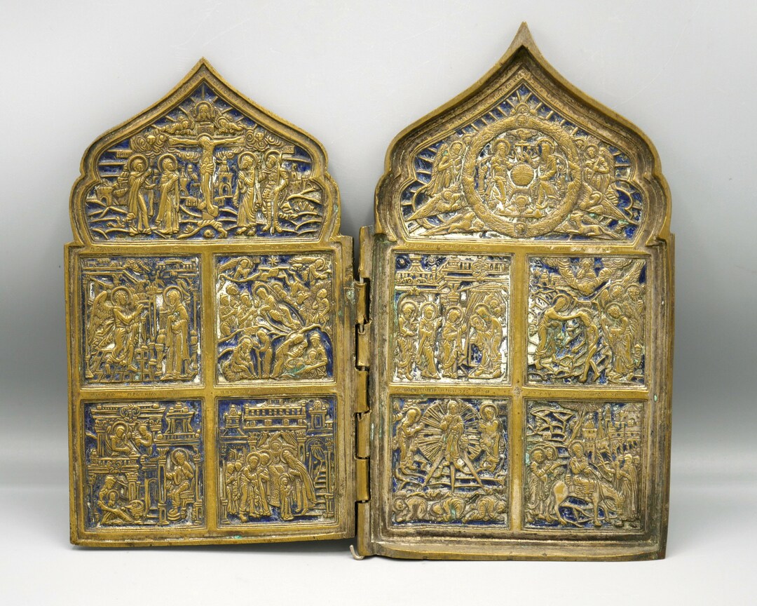Antique Bronze Orthodox Folding Icon: 1800s Christian Travel Skladen - Etsy