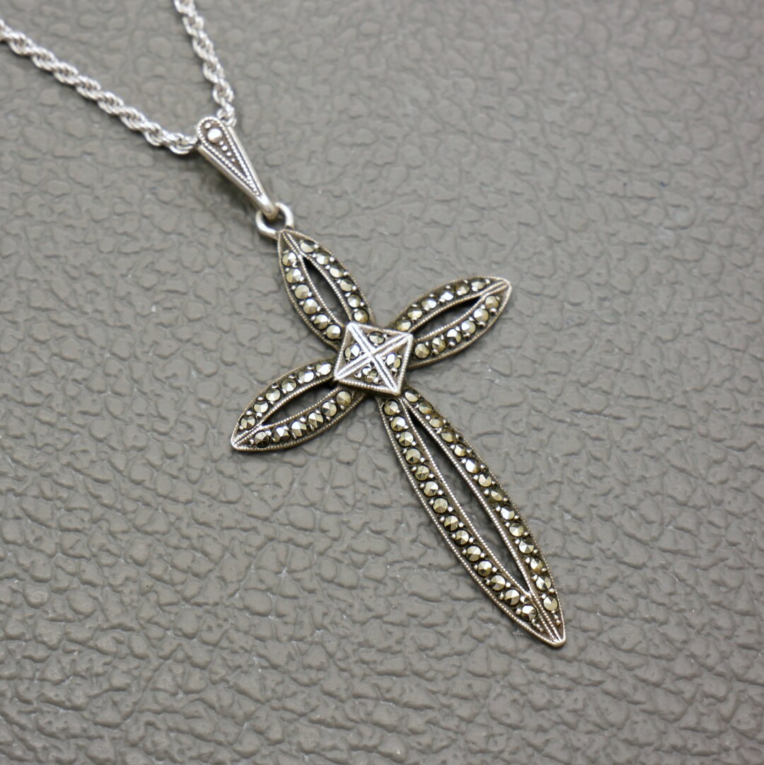 Large 835 Silver Marcasite Cross Pendant With Optional 20" Rope Chain ...