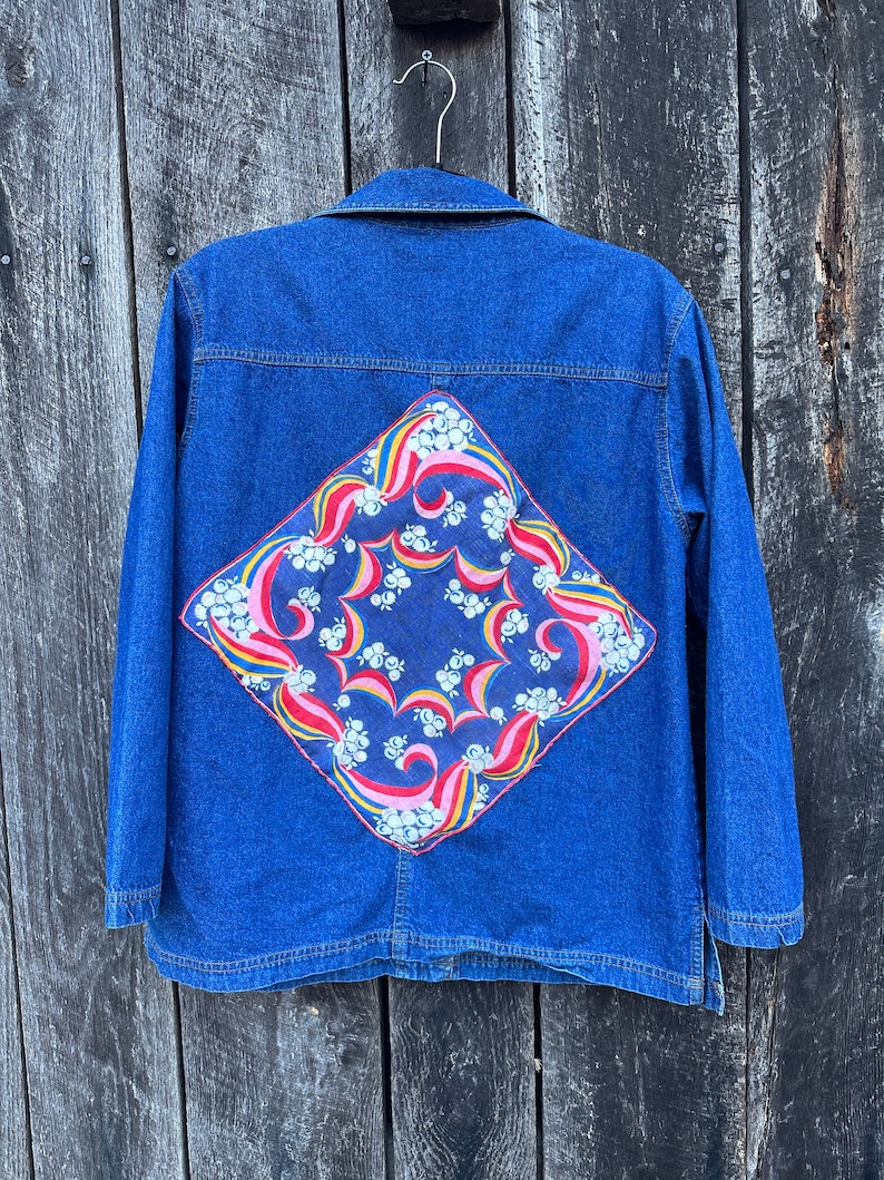 Upcycled Denim Cat Lady Granny Jacket With Handkerchief Scarf, Cat ...