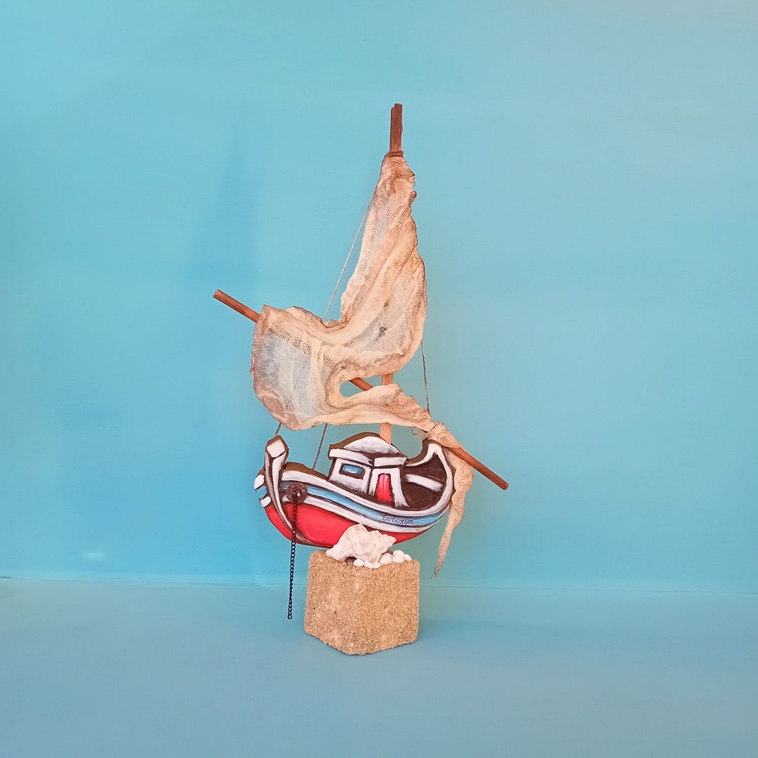 Colorful Sailboat on Base With Real Seashell | Beach House Decor ...