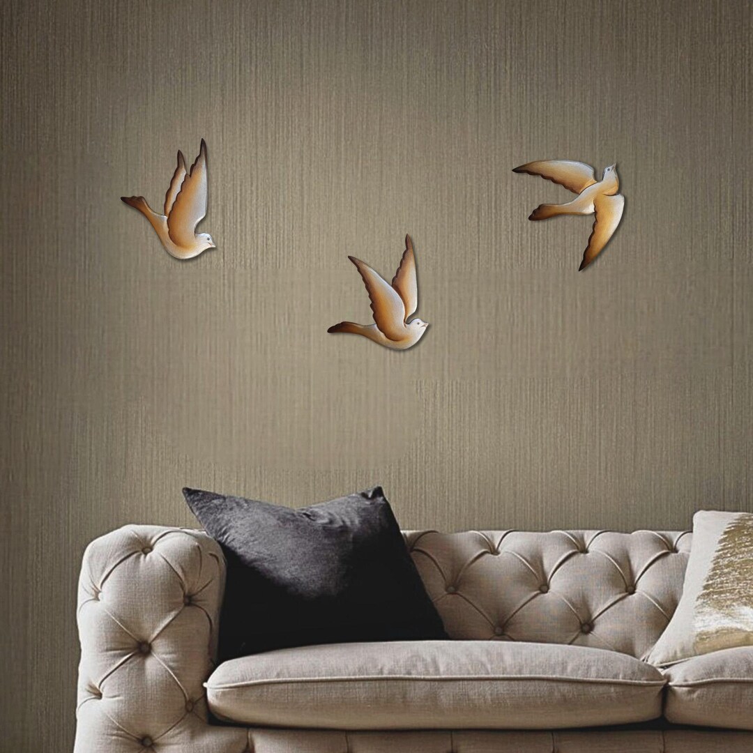 Shiny Flock of 3 Flying Wooden Birds, Painted Golden & Silver Bird Wall ...