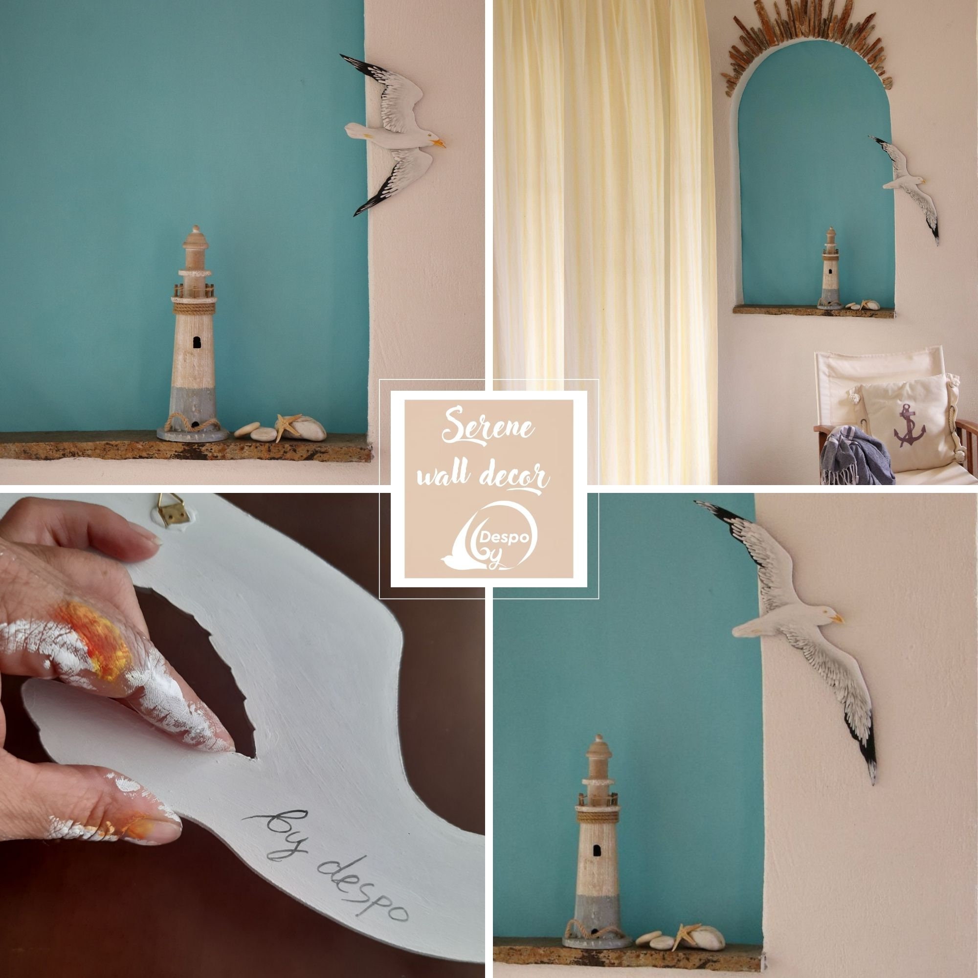 Calm Set of 4 Wooden Flying Seagulls Birds, White Hanging Bird Wall Art ...