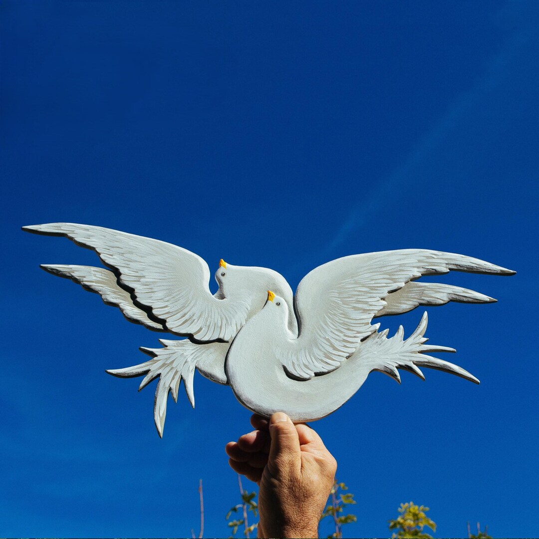 Handmade Wooden Doves Wall Art, White Love Birds Sculpture, Symbol of ...