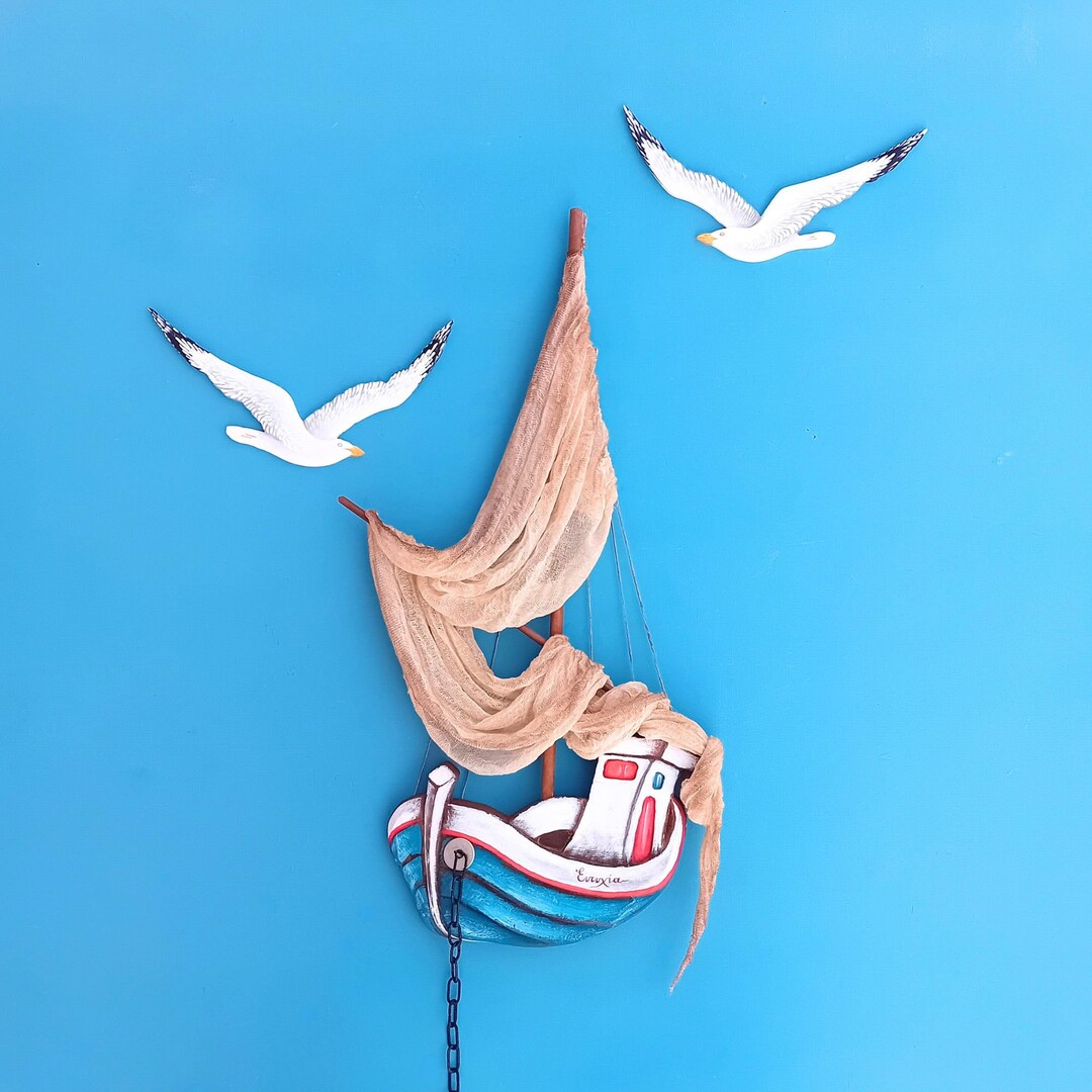 Sailing Boat and Flying Seagulls\ Nautical Coastal & Seaside Home ...