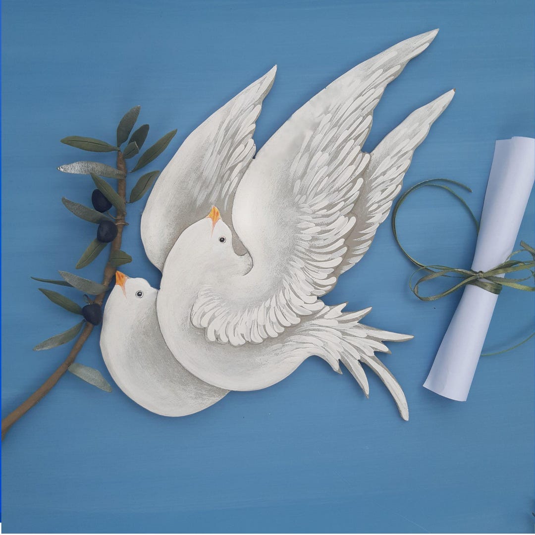 Two Wooden Doves With Ceramic Olive Twig, Dove of Peace Wall Art ...