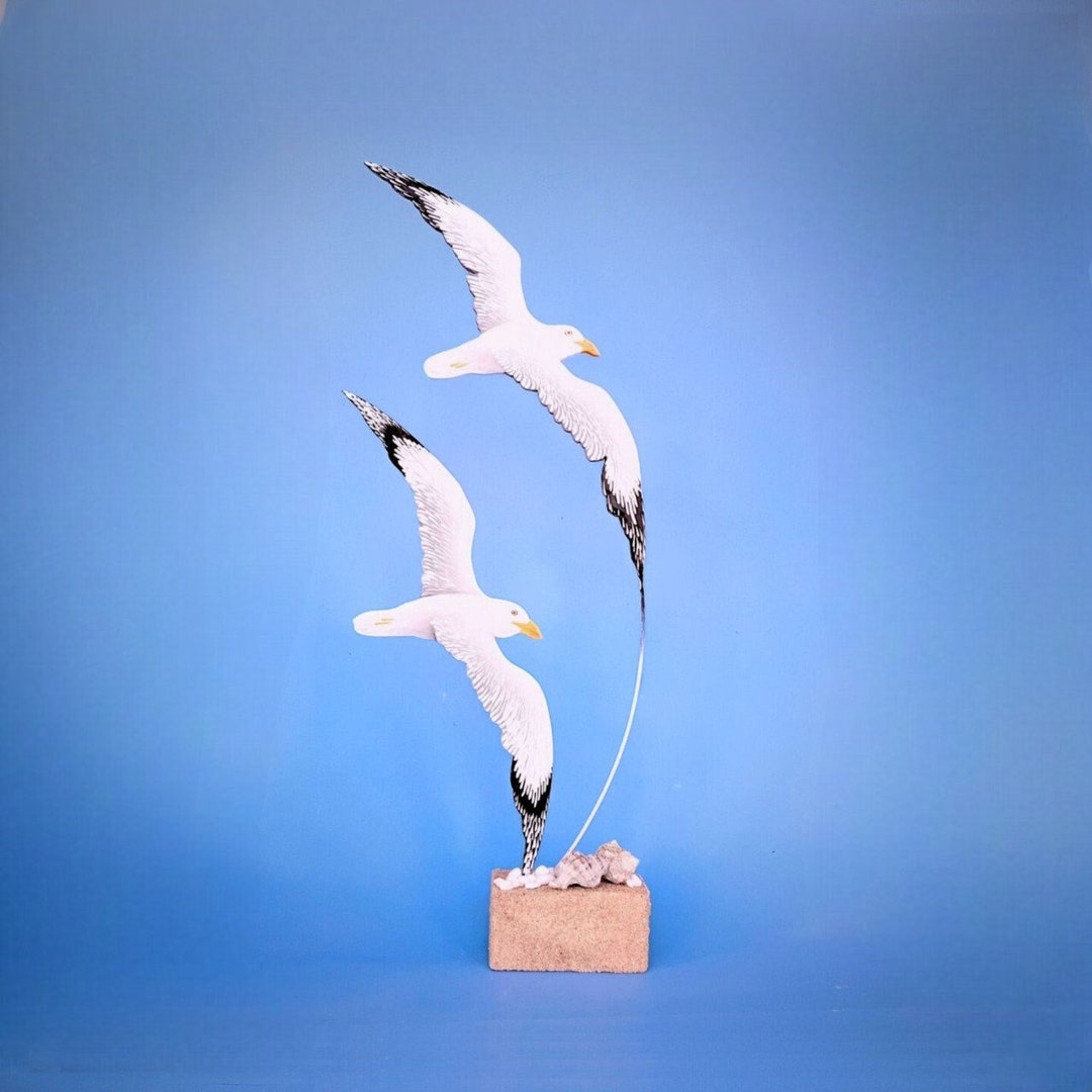 2 Wooden & Painted Seagulls in Flight on A Base With Real Seashell ...