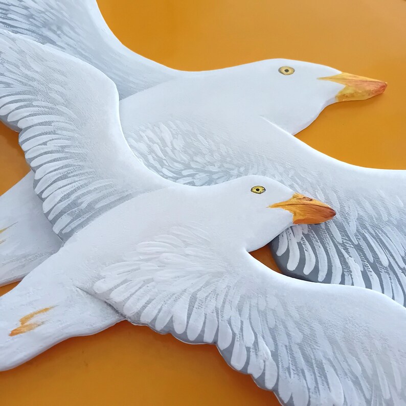 Idyllic Wall Decor of Wooden White Seagulls Flying, Set 3\ Coastal ...