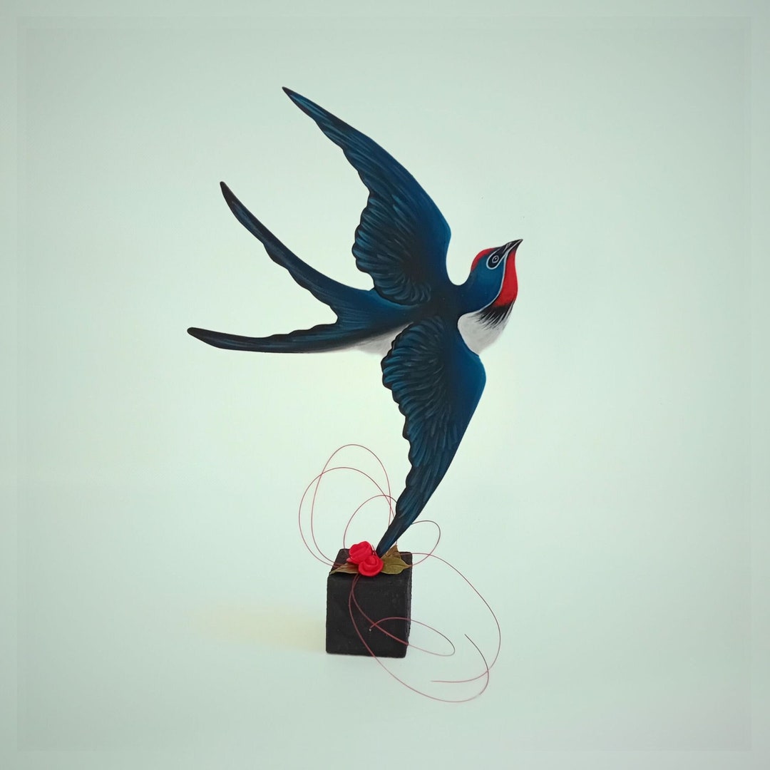 1 Vibrand Painted Wooden Swallow on Base With Bouquet of Flowers, Black ...