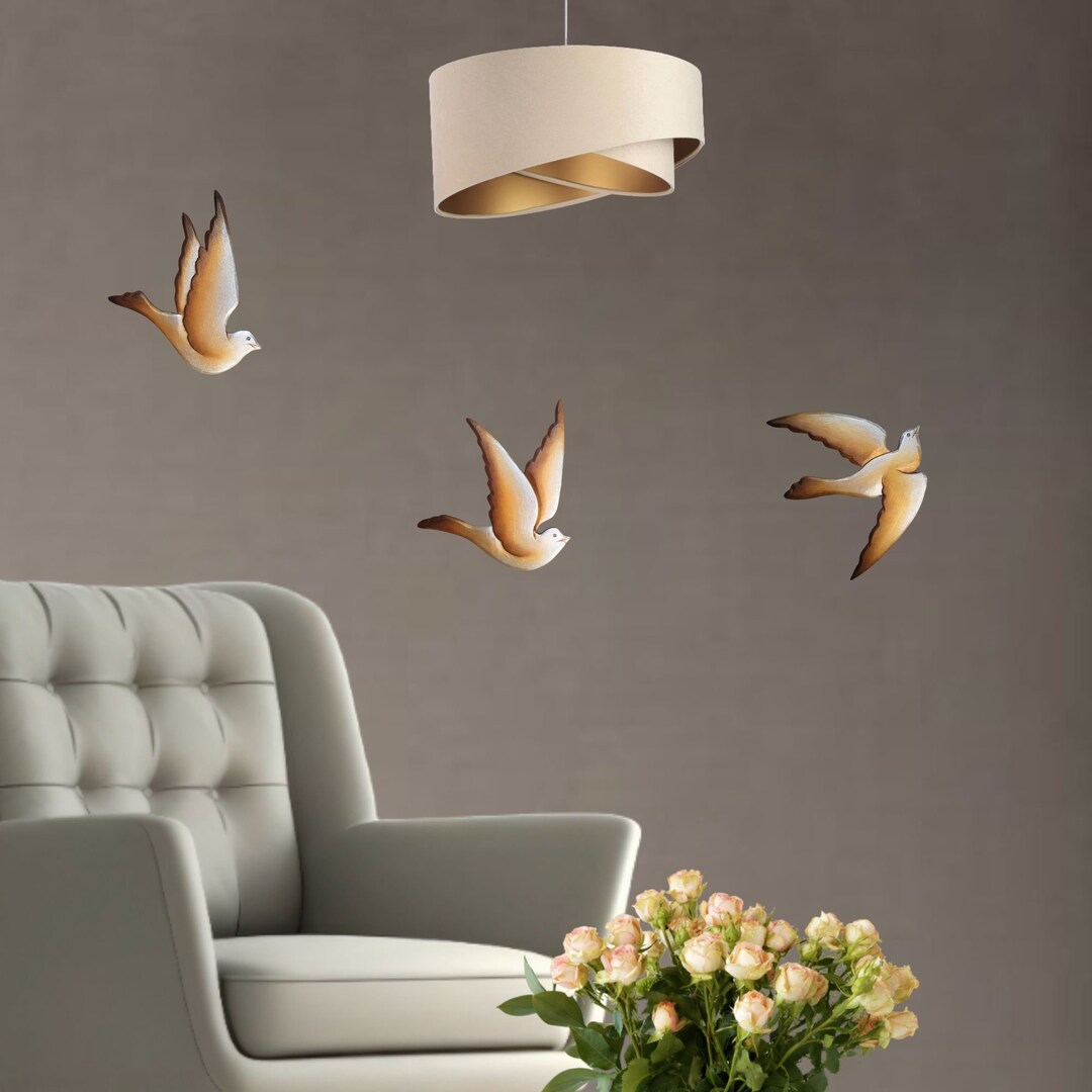 Emotional Set of Flying Sculptured Birds Wooden Painted Golden Silver ...
