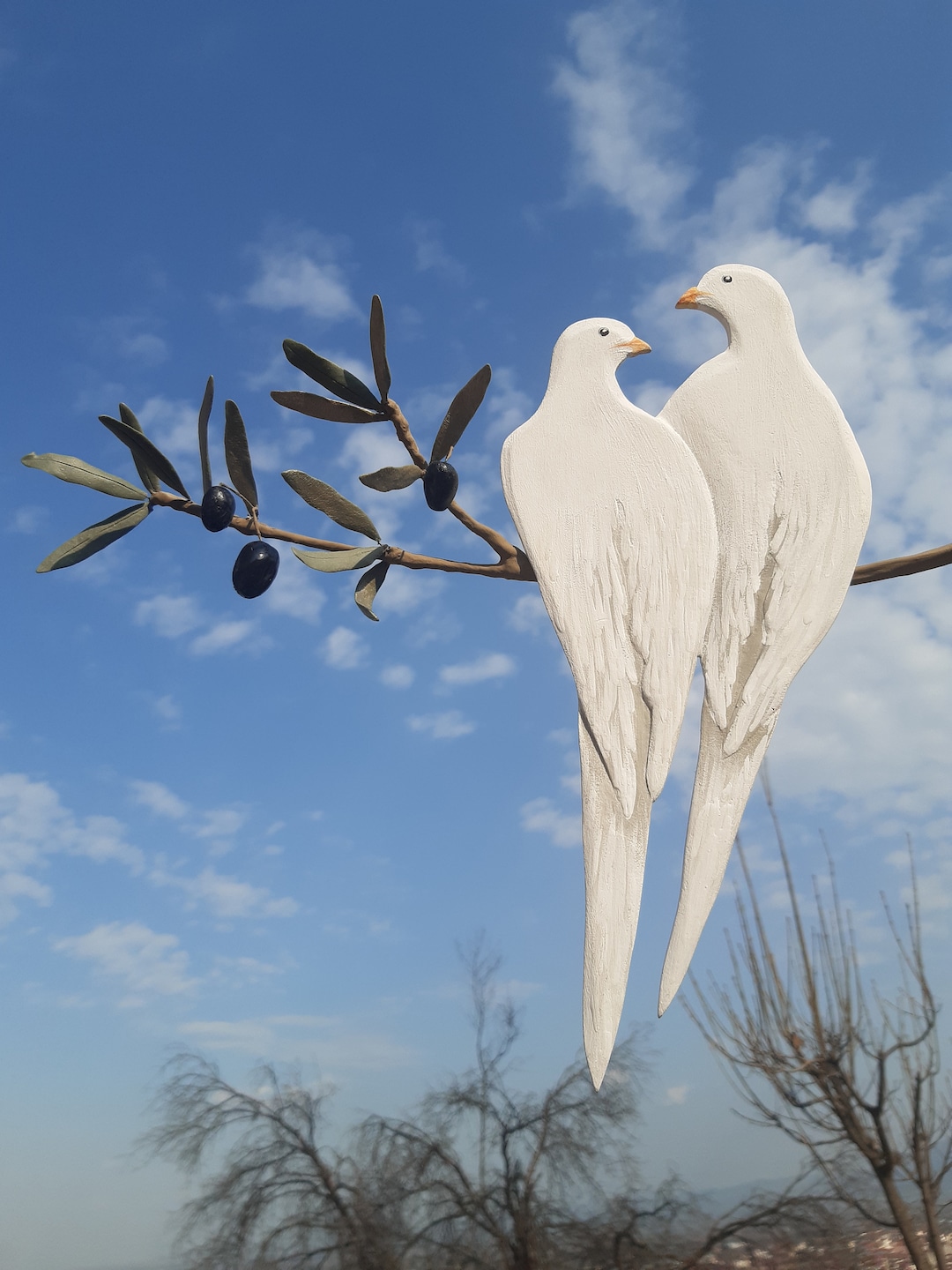 2 Wooden White Doves on Ceramic Olive Branch Wall Decor, Dove of Peace ...