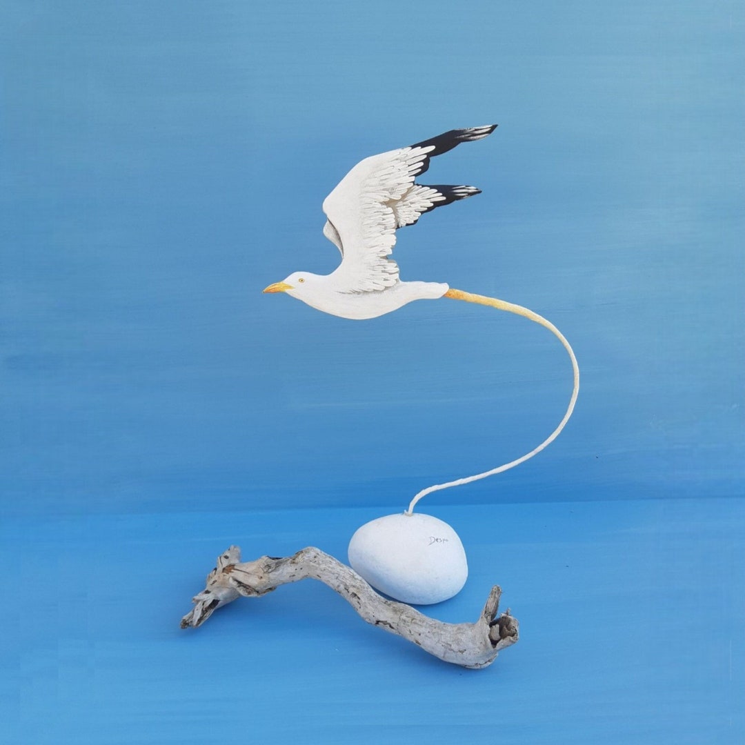 Flying Wooden Seagull on Natural Stone - Bird Figurine - Nautical Beach ...