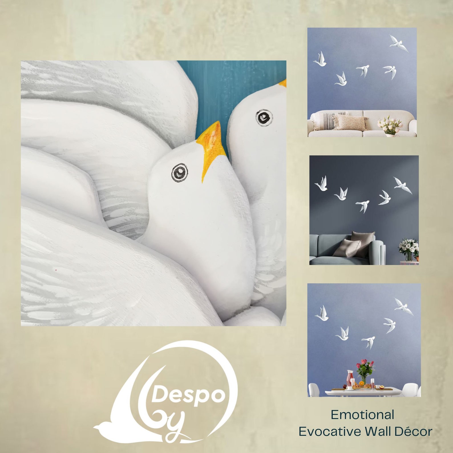 Set of 5 Wooden Painted Doves Large Bird Wall Decor Wall Installation ...