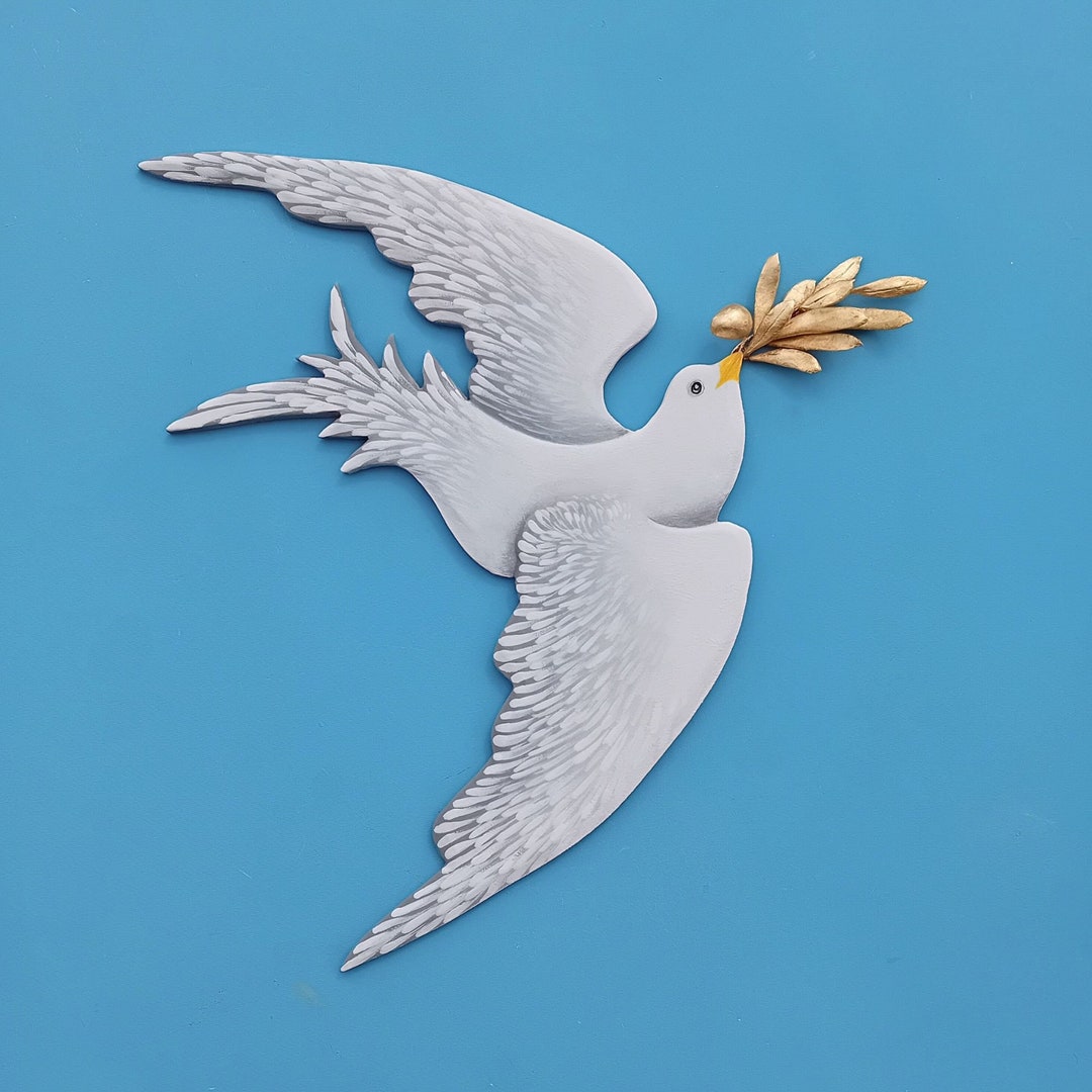 Wood Carved Dove Wall Art: 22K Gold Leaf Ceramic Olive Branch ...