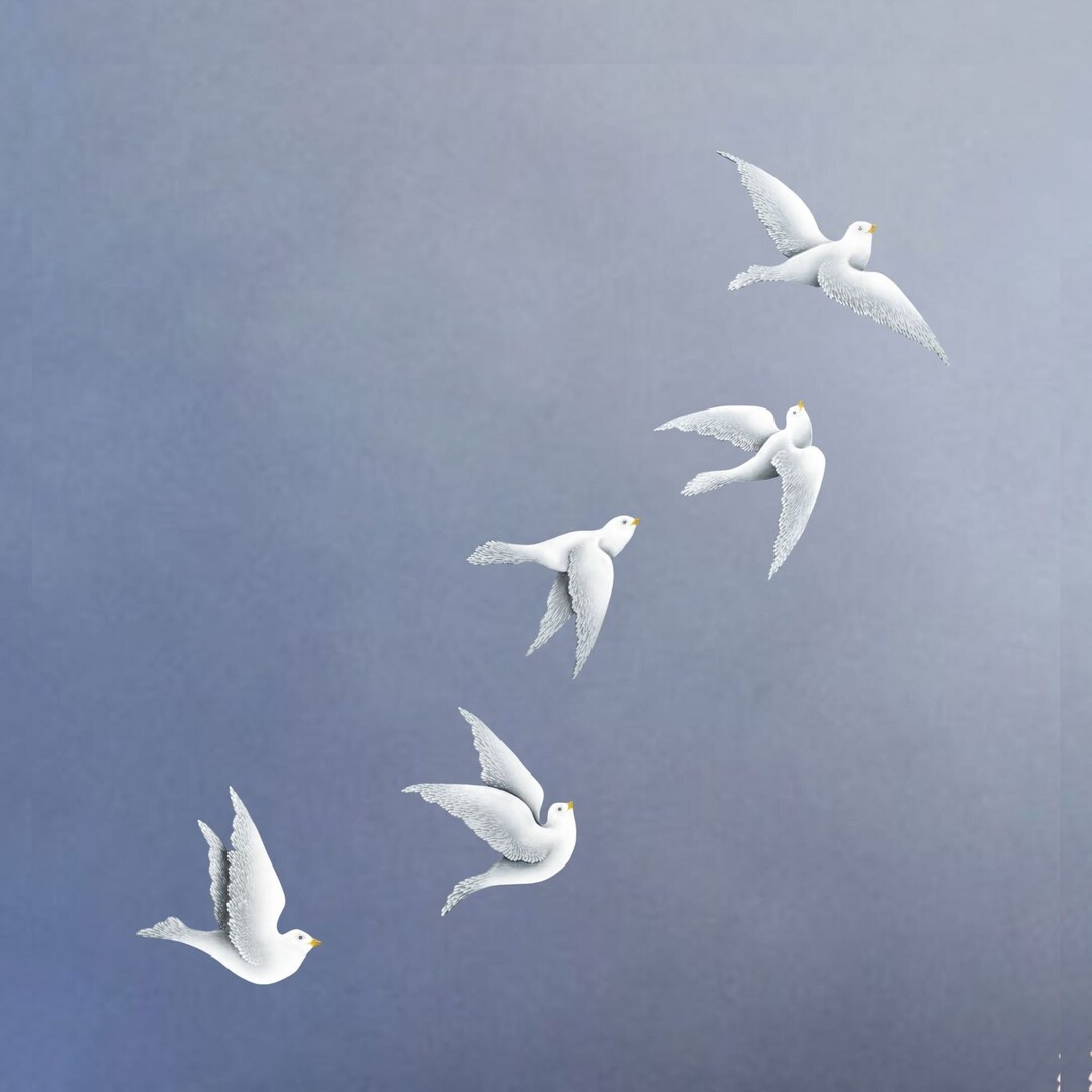 Set of 5 Wooden Painted Doves Large Bird Wall Decor Wall Installation ...