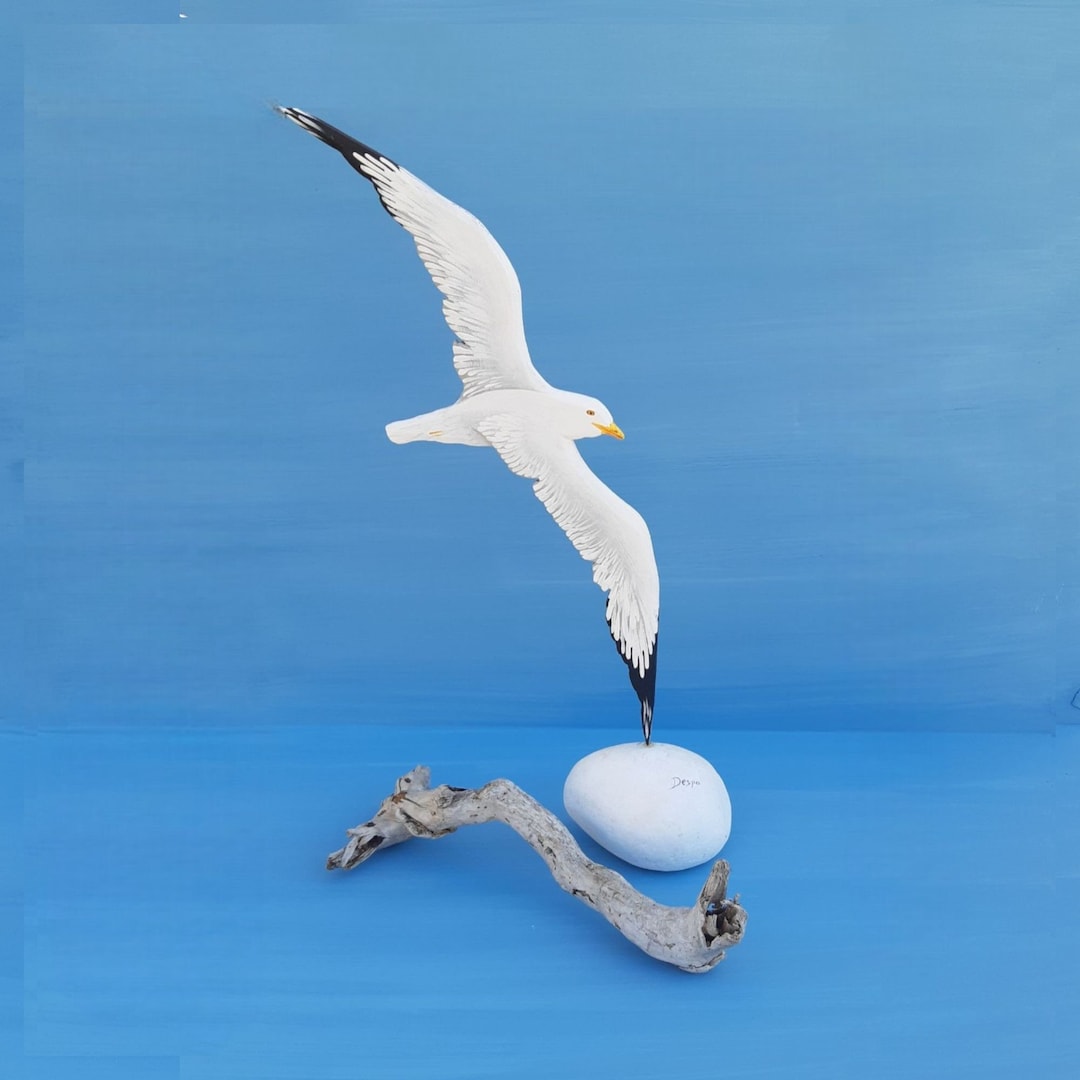 Flying Wooden Seagull Figurine in Stone Nautical Coastal & Beach Home ...