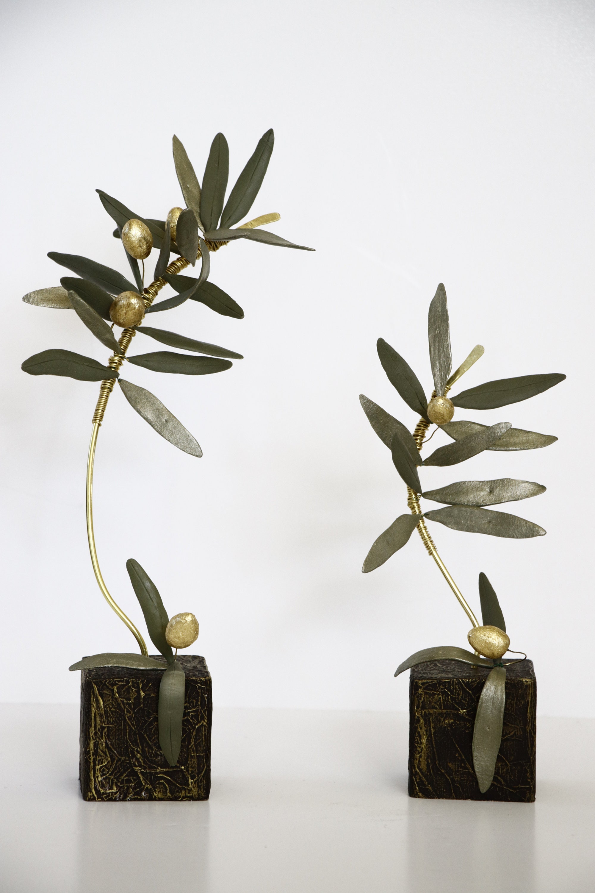 Golden & Green Ceramic Olive Branch on Wooden Base\ Symbol οf Peace ...