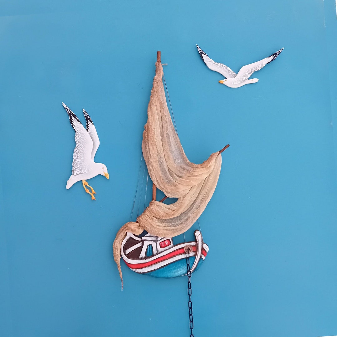 Handmade Nautical Wood Carving: Sailing Boat & Seagull Coastal Wall ...