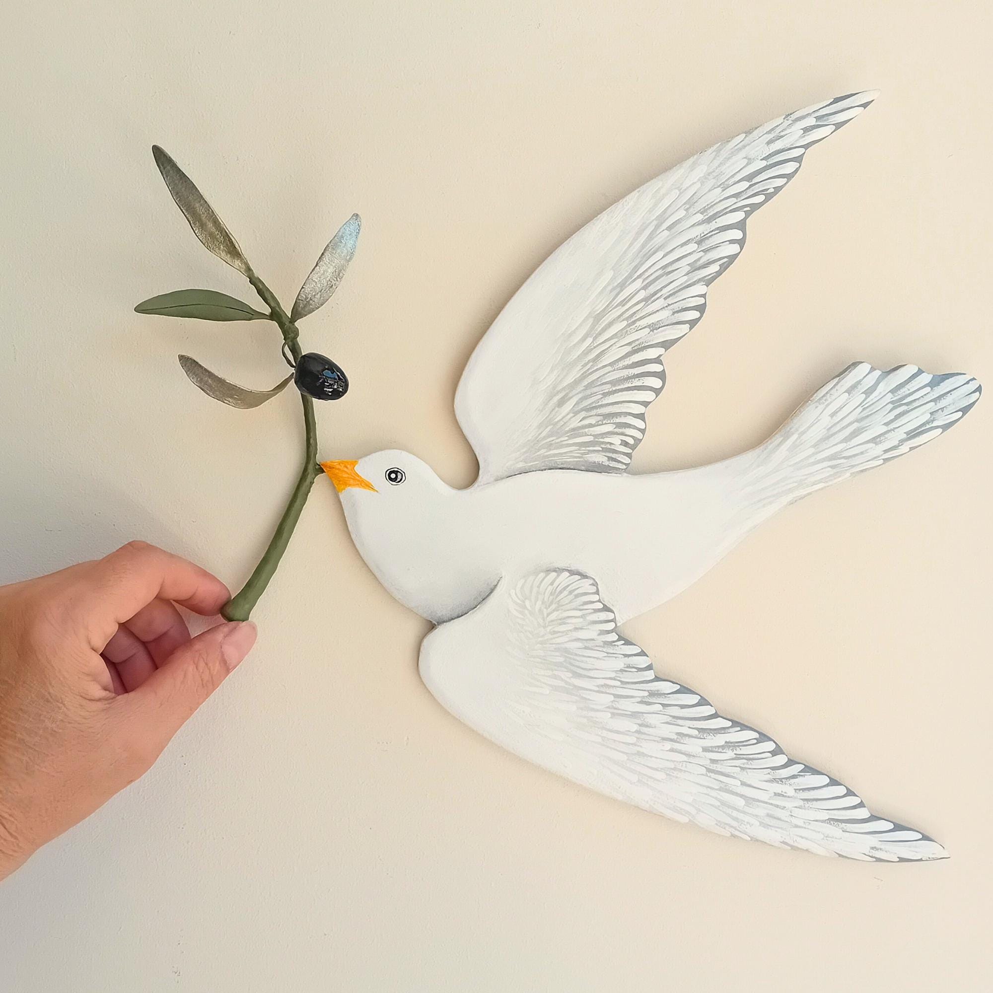 Hand Carved Wooden Dove of Peace Wall Art: Ceramic Olive Branch ...
