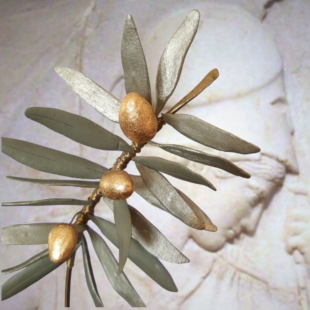 Golden & Green Ceramic Olive Branch on Wooden Base\ Symbol οf Peace ...