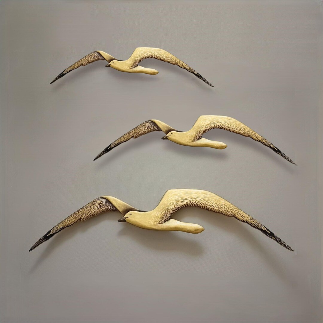Hand-painted Gold Seagulls Wall Installation, Luxury Wooden Trio Flying ...