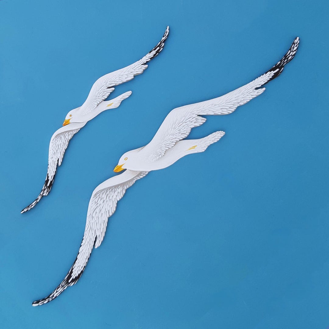 Coastal Seagull Wall Decor Set: Hand Carved Wooden Birds, Beach House ...