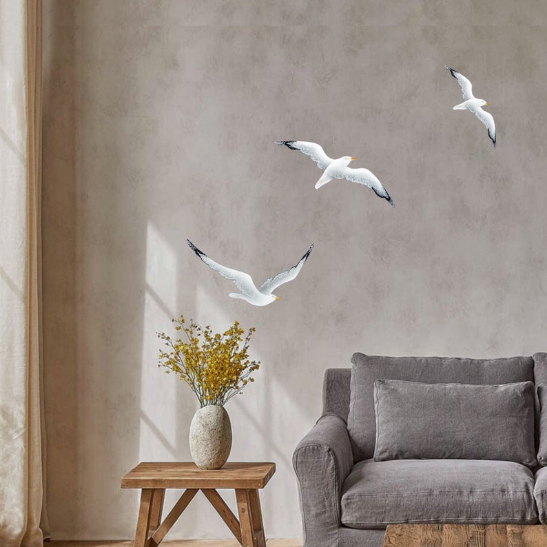 Flock of Three Wooden Painted Seagulls in Flight for Coastal Nautical ...