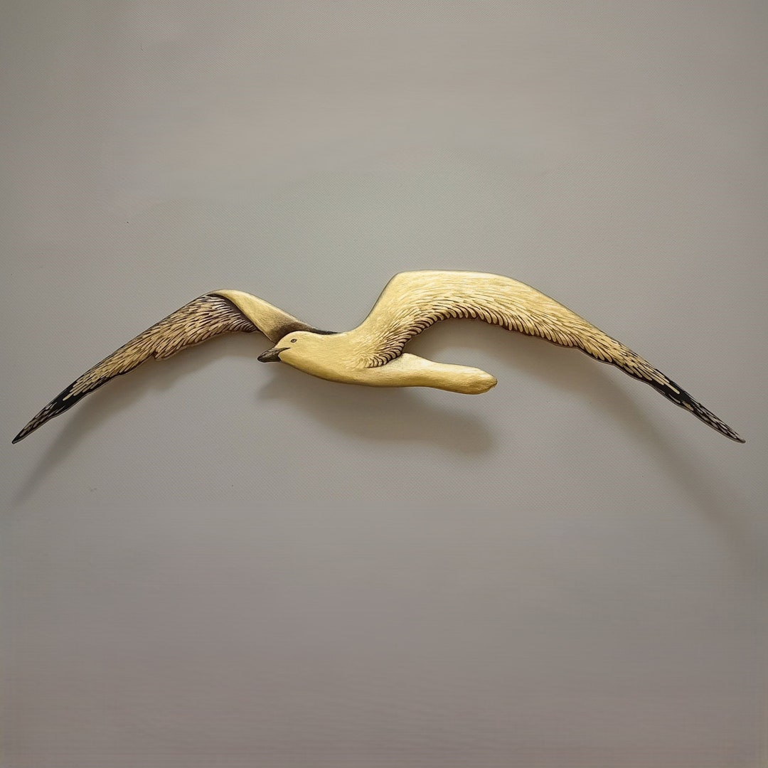 Hand Painted Gold Seagull in Flight - Bird Sculpture - Nautical ...