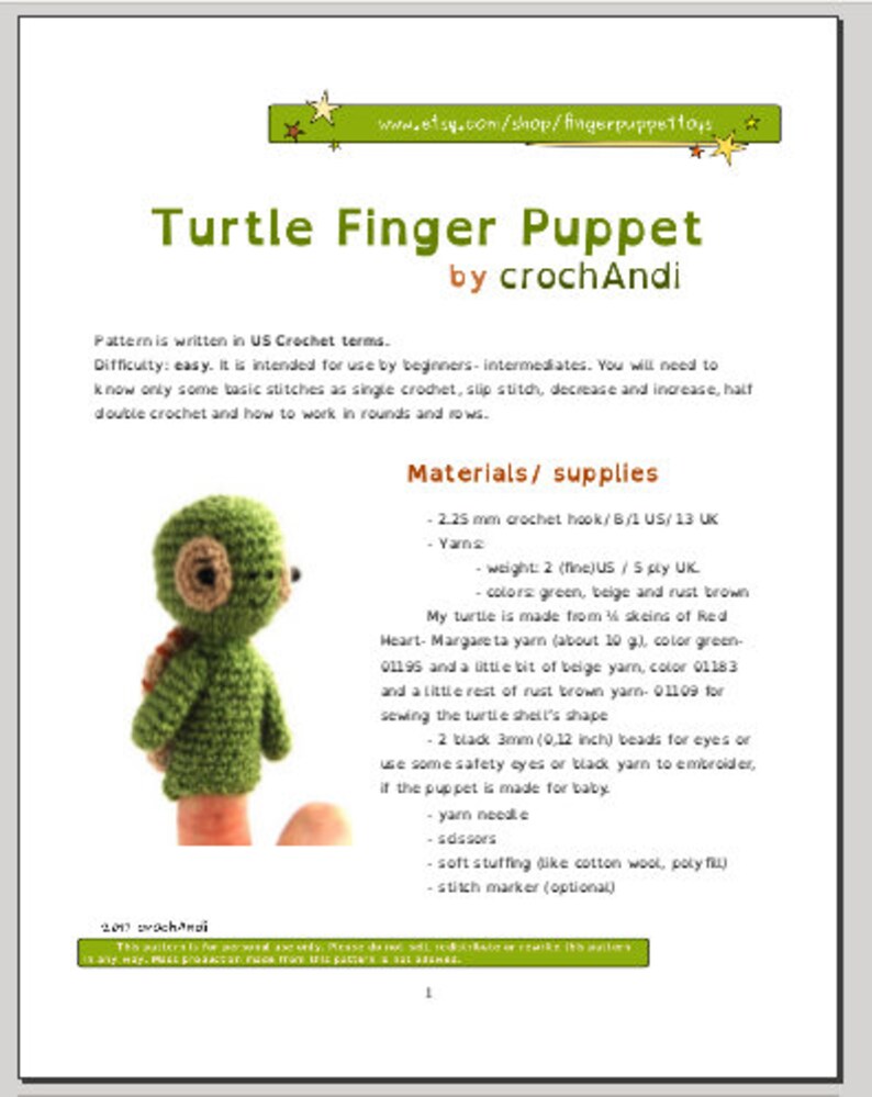 Amigurumi Turtle Pattern, Crochet Finger Puppet Tutorial, Turtle PDF ...