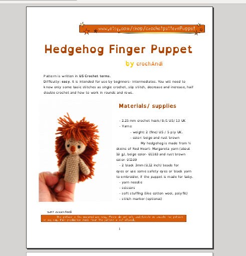 Hedgehog Amigurumi Pattern, Crochet Finger Puppet, Hedgie Puppet ...
