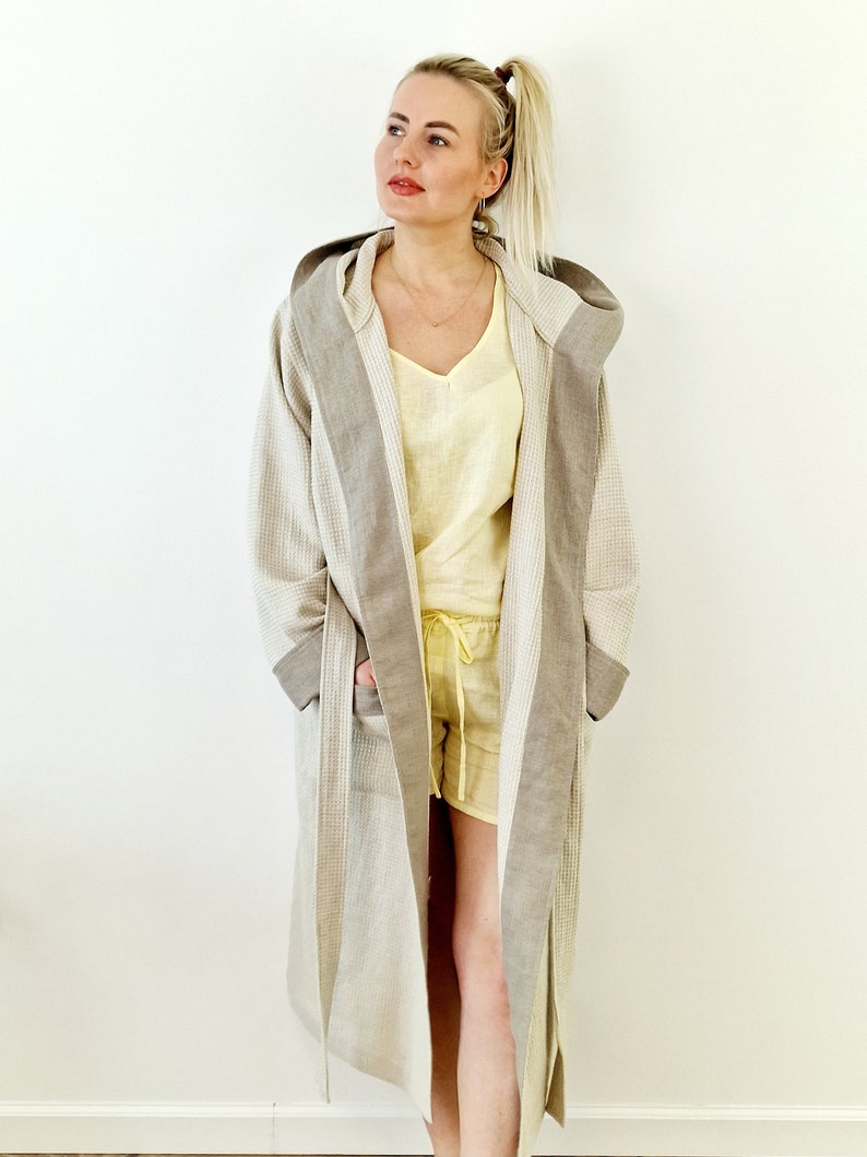 Long Linen Waffle Robe Unisex Linen Bath Robe With Hood - Etsy