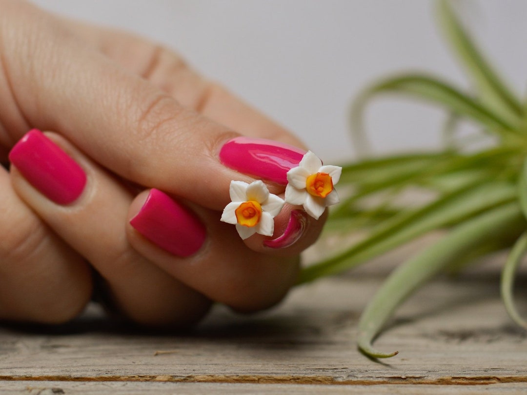Daffodil Flowers Stud Earrings, Daffodil Jewelry, White/yellow Clay ...