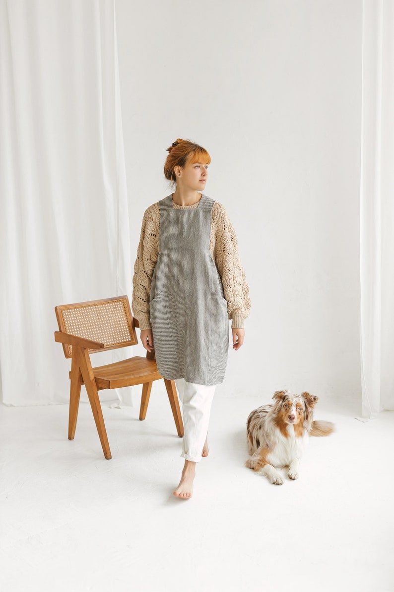 Striped Crossed Back Linen Apron. Japanese Apron. Elegant Pinafore ...