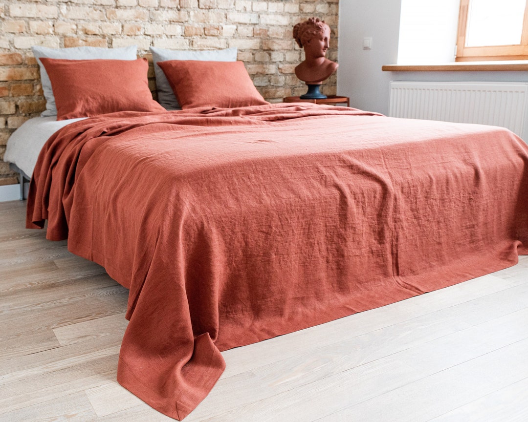 Linen Bedcover in Burnt Orange. Linen Bed Throw. Heavy Bedspread. Linen ...