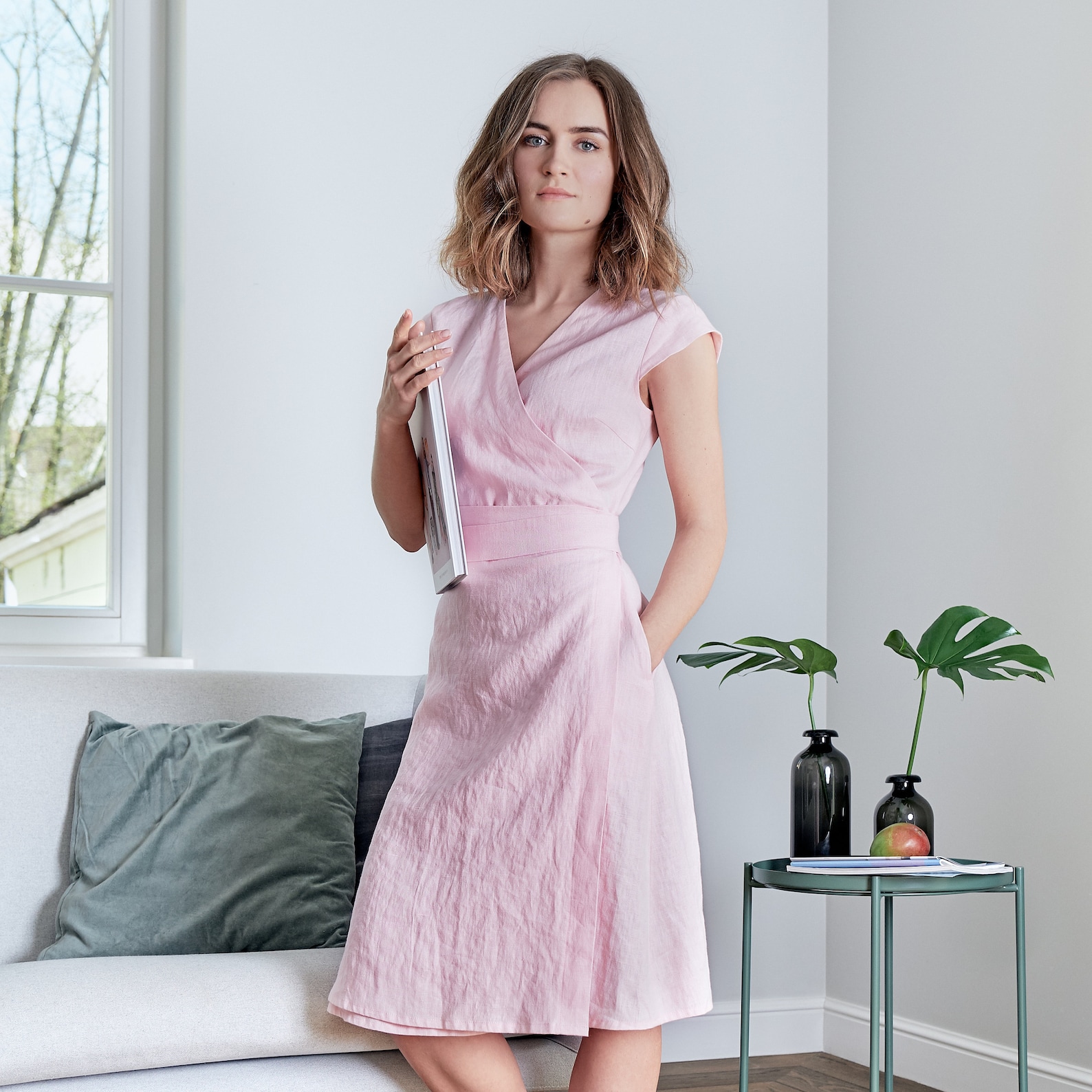 Linen Dress Wrap Dress Pink Summer Dress Short Sleeves Midi Etsy