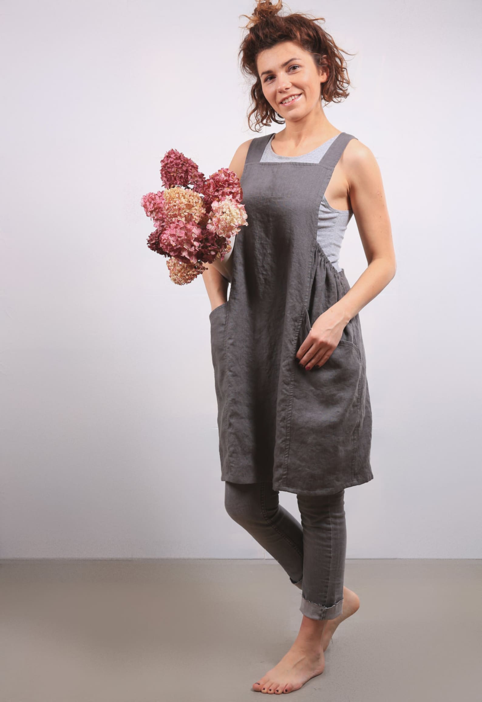 Graphite Color Crossed Back Woman's Linen Japanese Apron / - Etsy