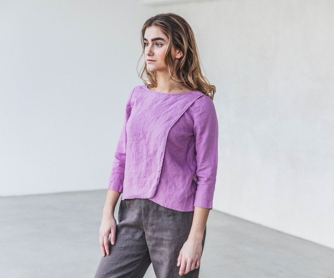 Linen Blouse LIDIA With a Split Front. Rosy Mauve Color Shirt. Elegant ...