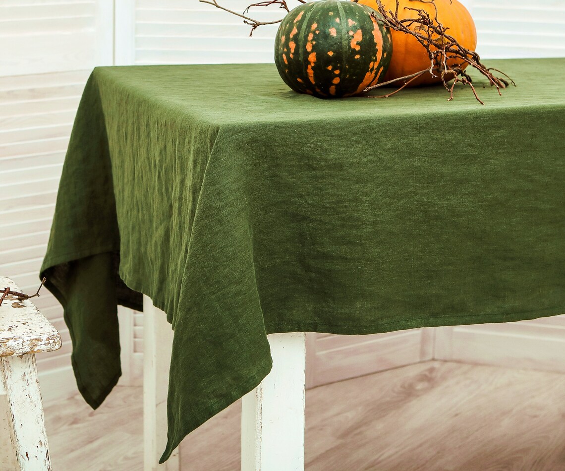 Linen Tablecloth. Washed Linen Tablecloth. Table Cloth in Forest Green ...