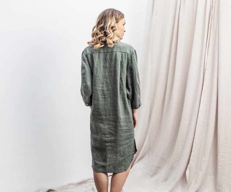 Linen Tunic Dress in Olive Green Color / Shirt Style V Neck - Etsy