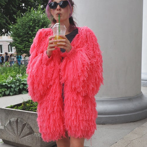 Mid Length Shaggy Jacket With Long Sleeves. Fringe Coat. - Etsy