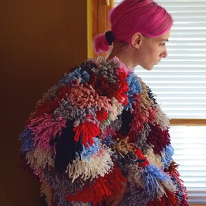 Multicolored Shaggy Jacket With Long Sleeves. Hand Knitted Bomber Zero ...